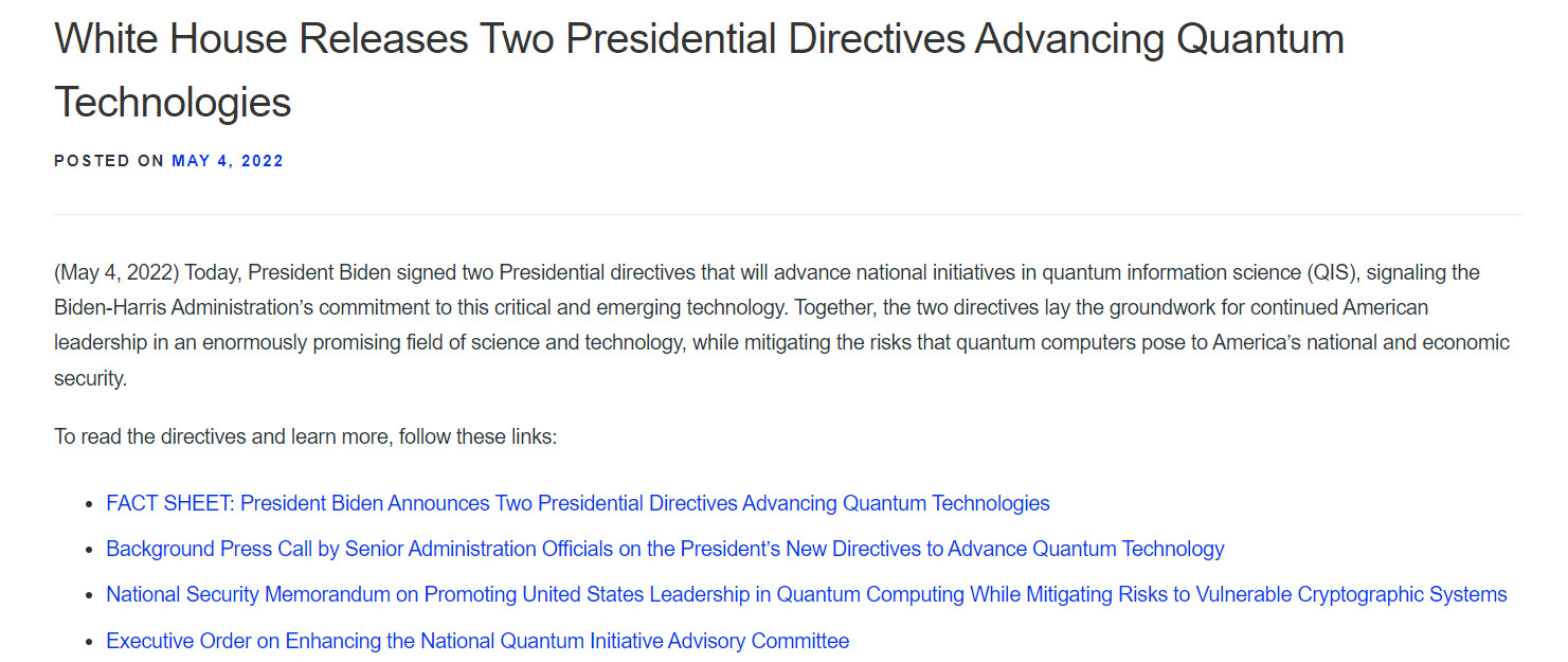 美政府將全力發展量子資訊科學，並開始要求當地政府機構系統遷徙至PQC系統 | iThome